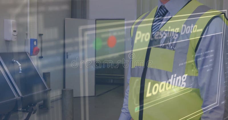 Processing Data and Loading Image Over Worker in Safety Vest in Factory ...