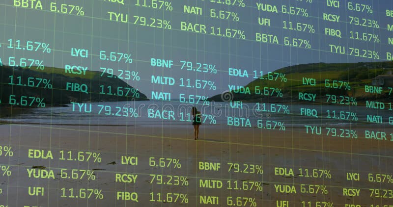 Processing Financial Data Animation Over Person Standing on Beach Stock ...