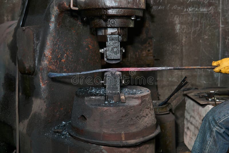 Processing of a Hot Workpiece with a Power Forge Hammer, Close-up Stock ...