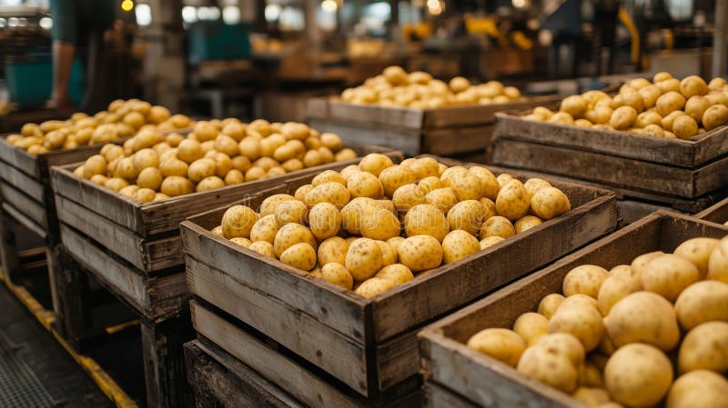 Processing Potatoes in a Lively Factory Floor during a Bustling Workday ...