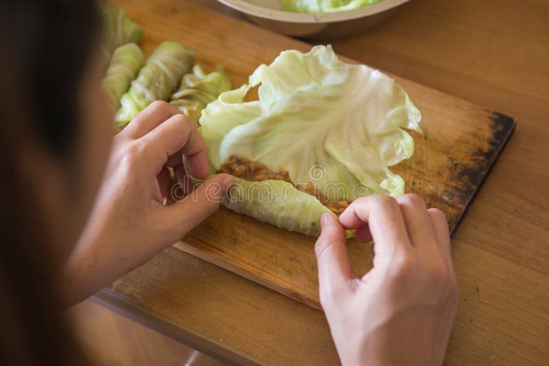 Processing To Make a Meat Wrap in Cabbage Stock Image - Image of ...