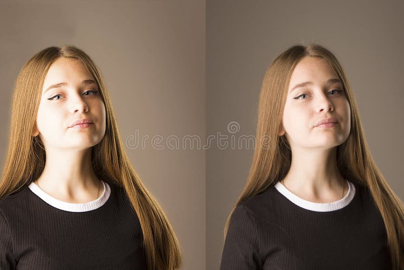 Before-after Processing. Woman before and after Retouch. Comparison of ...