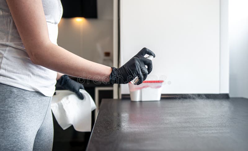 Processing the Workplace in the Kitchen with an Antiseptic. Stock Image ...