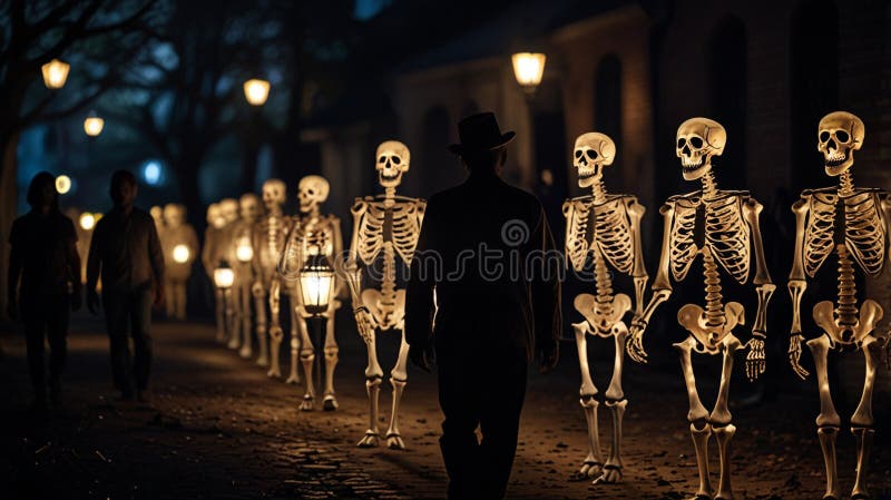 A Procession of Animated Skeletons Marching through a Dark Street Lit ...