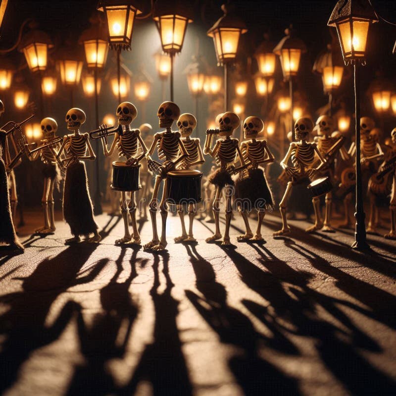 A Procession of Animated Skeletons Marching through a Dark Street Lit ...