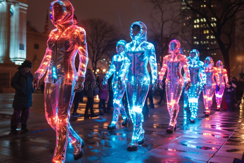Procession of LED-Lit Figures Marching on a City Street at Twilight ...