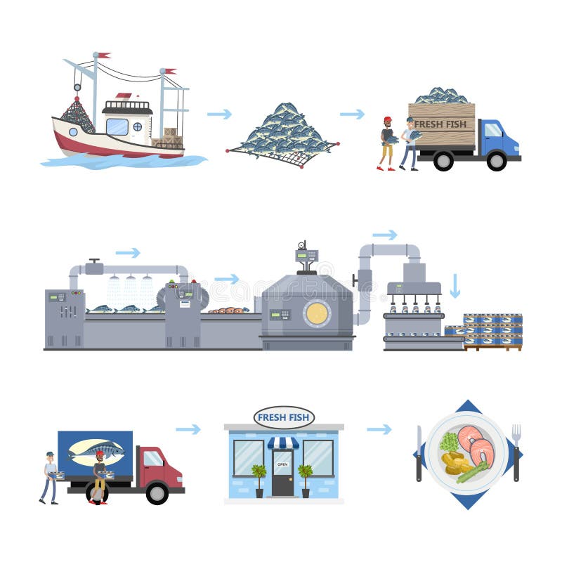 Processo De Produção De Produtos Do Mar. Da Pesca Ao Produto Final ...