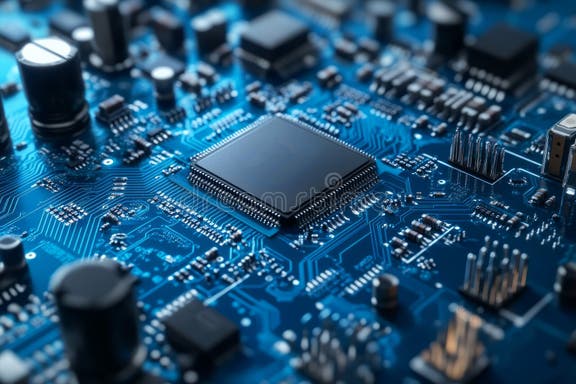 Processor on Blue Circuit Board, Close-up View. AI Generative Stock ...