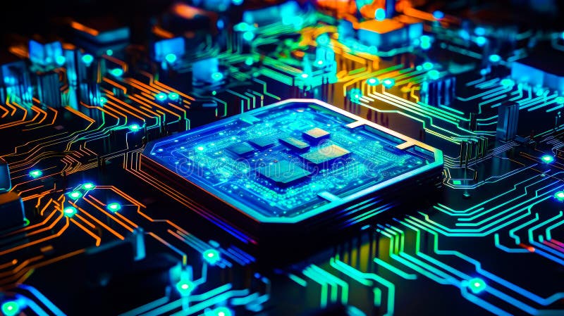 Processor Chip on Top of Computer Board with Colorful Lights in the Background. Generative AI ...