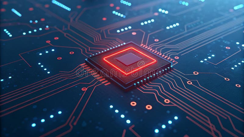 Processor Core Red Glow, Circuit Board, Digital Tech Stock Illustration ...