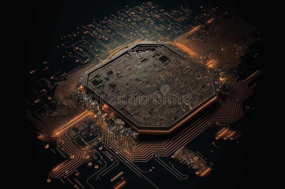 Processor CPU or GPU Microchip on Dark Mother Board Stock Illustration ...