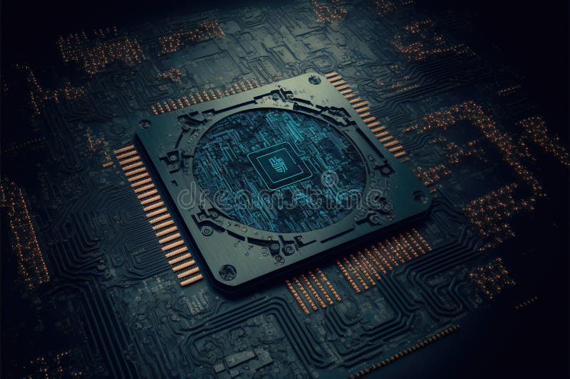 Processor CPU or GPU Microchip on Dark Mother Board Stock Illustration ...