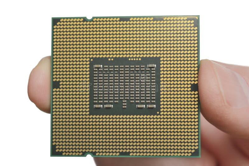 Two Fingers Hold The CPU Processor On A Black Background Stock Image ...