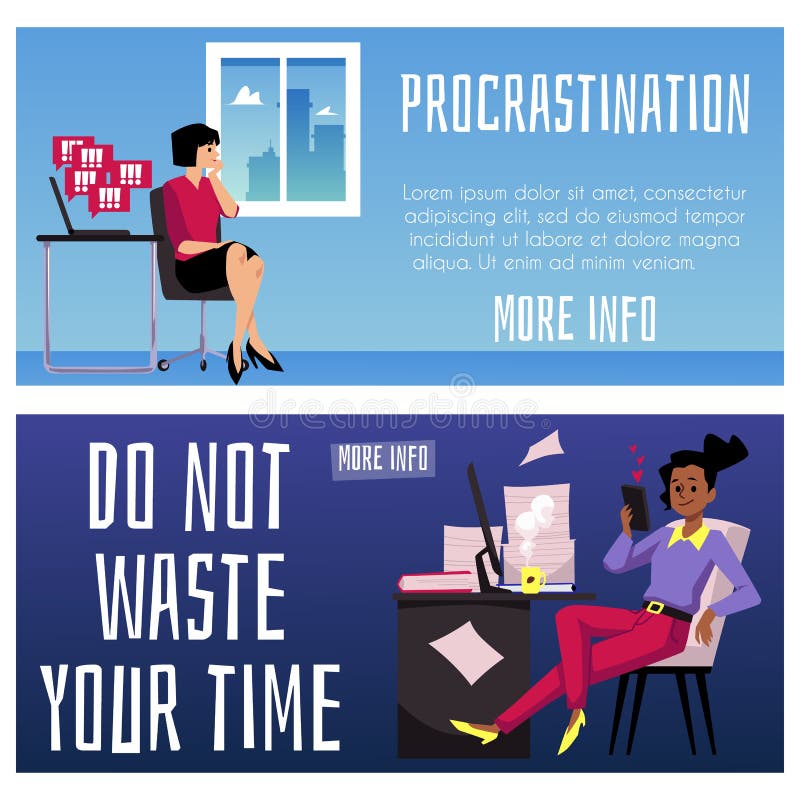 Procrastination and Time Wasting Banners Set, Flat Vector Illustration ...