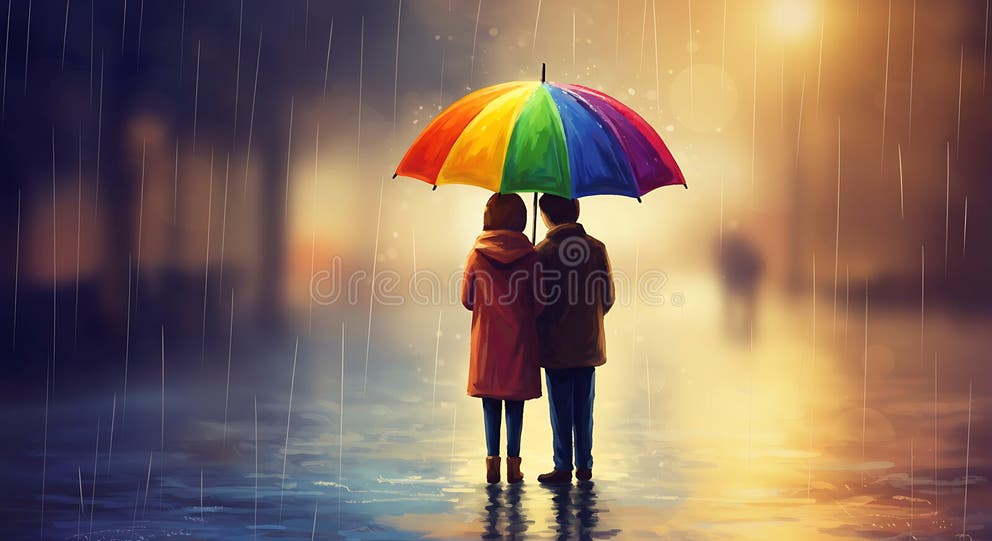 Procreate-style Illustration of Anonymous Figures Under a Rainbow ...