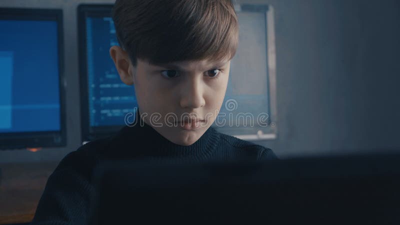 Prodigy Boy Hacker Programmer Working on Computer in Secret Data Center Stock Video - Video of ...