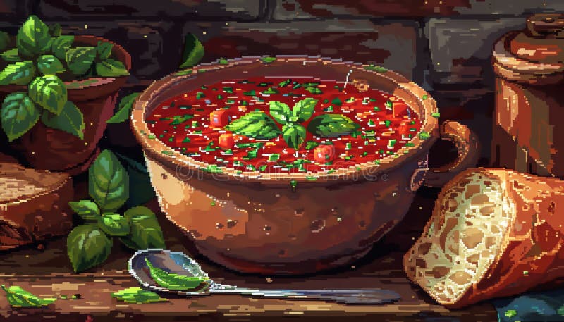 Produce a Digital Pixel Art Rendition of a Refreshing Gazpacho Served ...