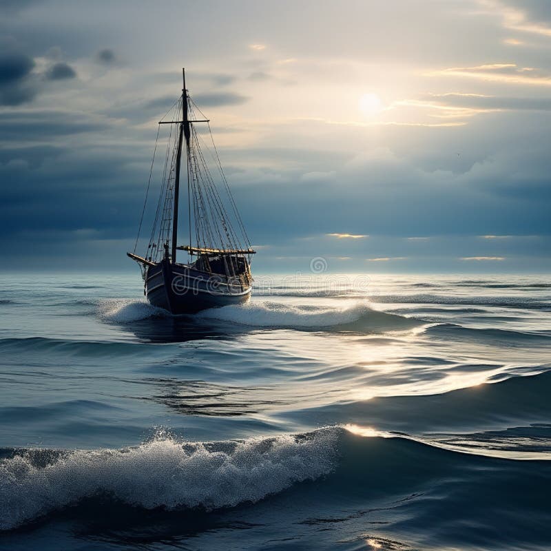 Produce a Serene Maritime Scene Featuring a Boat in Isolation ...