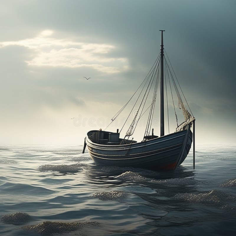 Produce a Serene Maritime Scene Featuring a Boat in Isolation ...