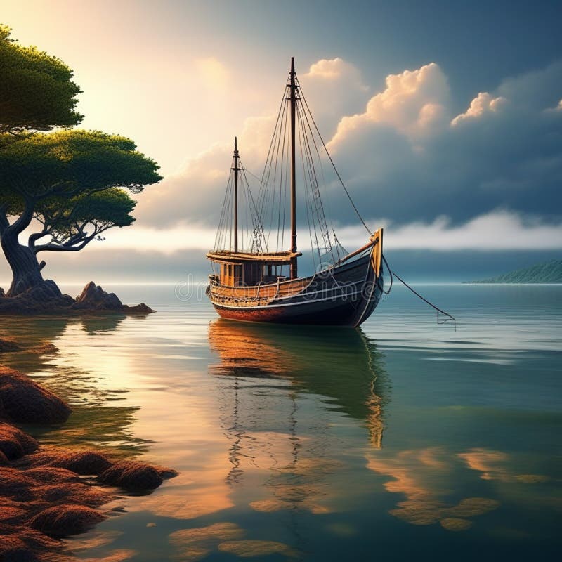 Produce a Serene Maritime Scene Featuring a Boat in Isolation ...