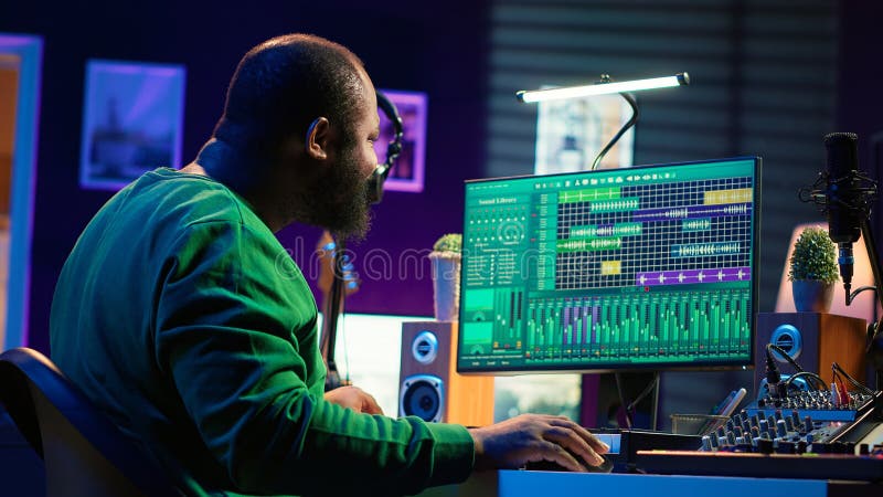 Producer Composing New Track with Electronic Gear in His Home Studio ...