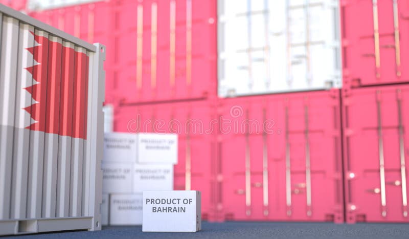 PRODUCT of BAHRAIN Text on the Cardboard Box and Cargo Terminal Full of ...