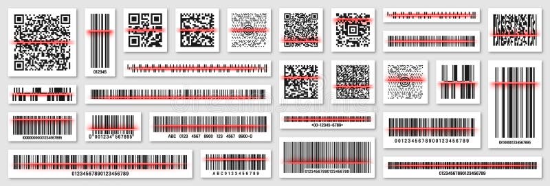 Product Barcodes and QR Codes with Red Scanning Line. Identification ...
