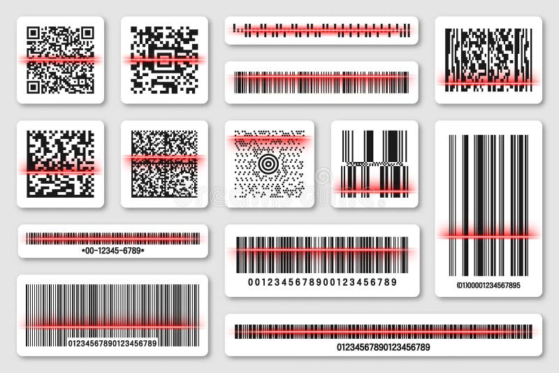 Product Barcodes and QR Codes with Red Scanning Line. Identification ...
