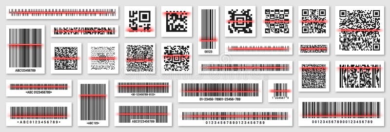 Product Barcodes and QR Codes with Red Scanning Line. Identification ...