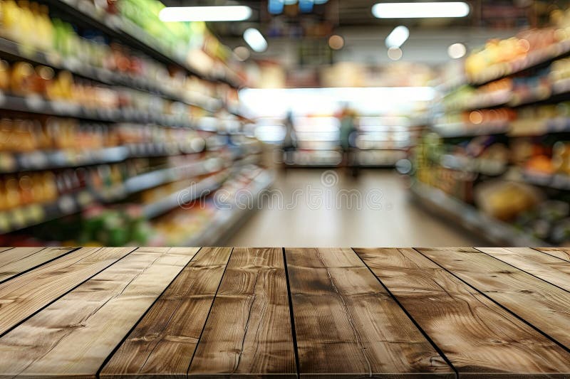 Product Display Concept with Empty Wooden Tabletop and Blurred Store ...