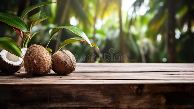 Product Display Rustic Old Wooden Boards Table with Coconut Farm in ...