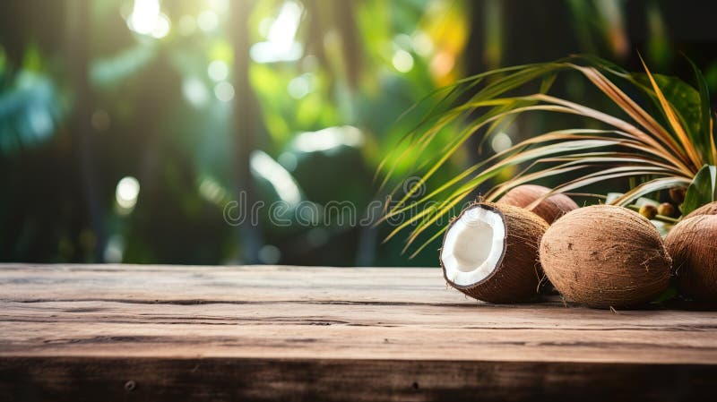 Product Display Rustic Old Wooden Boards Table with Coconut Farm in ...