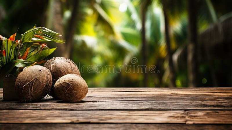 Product Display Rustic Old Wooden Boards Table with Coconut Farm in ...