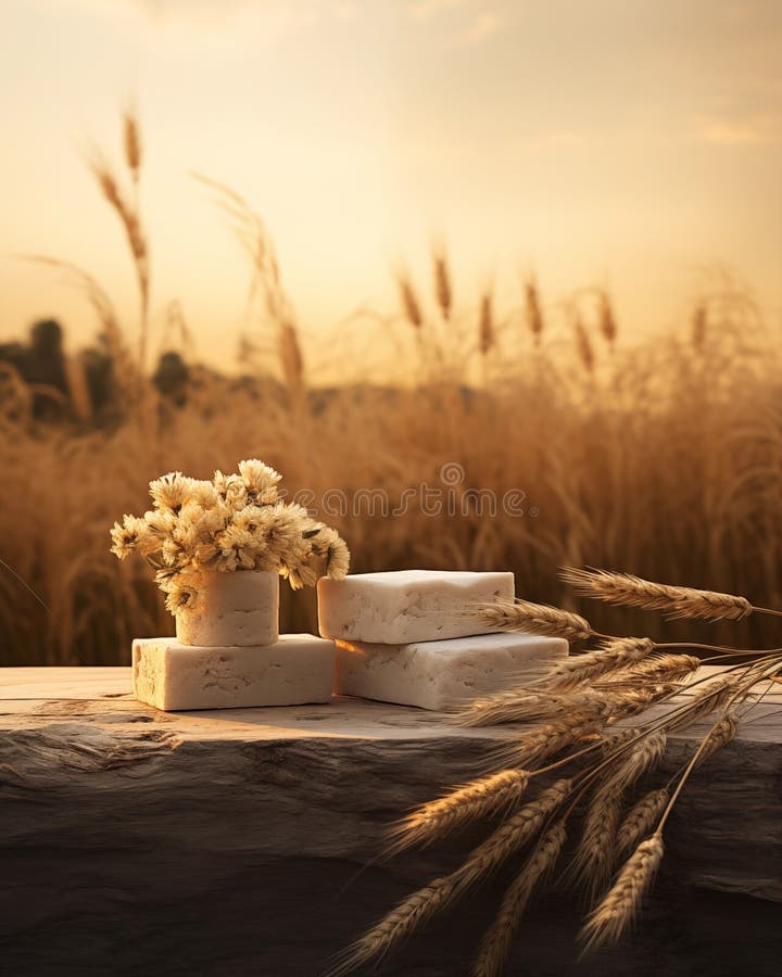 Product Display Stone Podium among the Wheat Fields, Evening Light ...