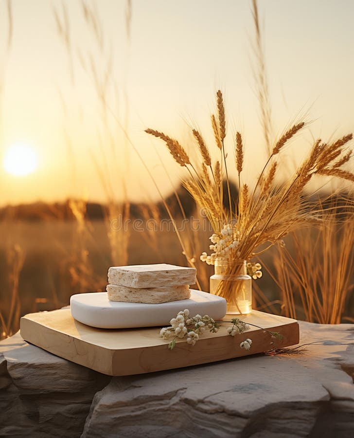 Product Display Stone Podium among the Wheat Fields, Evening Light ...