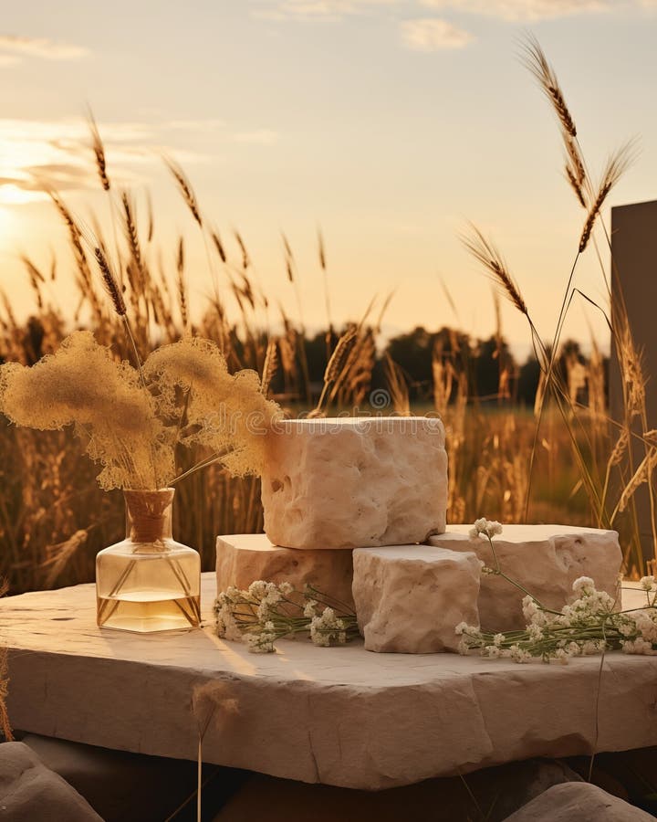 Product Display Stone Podium among the Wheat Fields, Evening Light ...