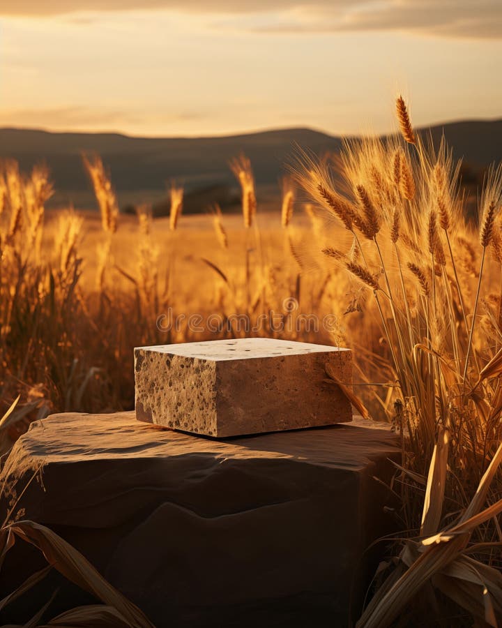 Product Display Stone Podium among the Wheat Fields, Evening Light ...