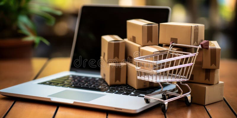 Product Package Boxes in Cart with a Shopping Bag and Laptop Computer ...
