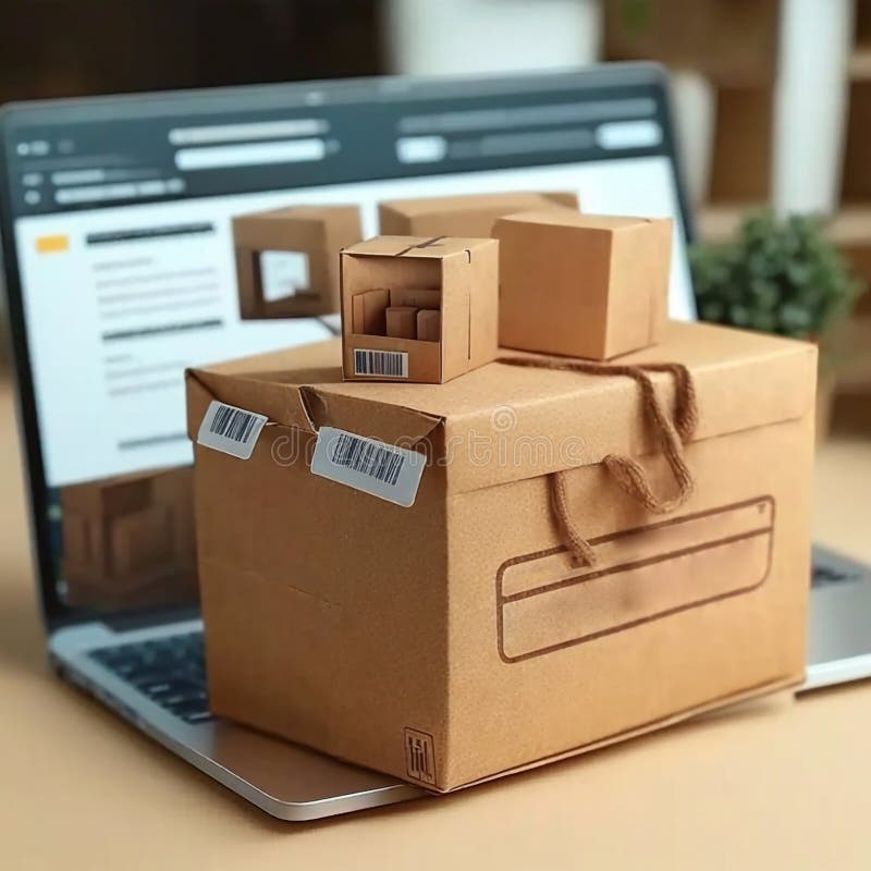Product Package Boxes with Laptop Computer on Table for Online Shopping ...