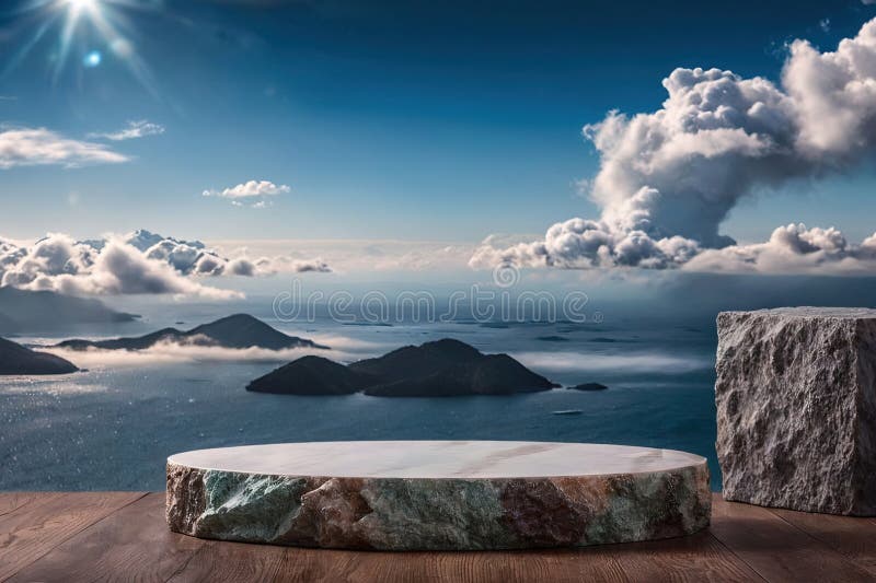 Product Presentation Podium with a Stone Plinth in the Middle Cloud and ...