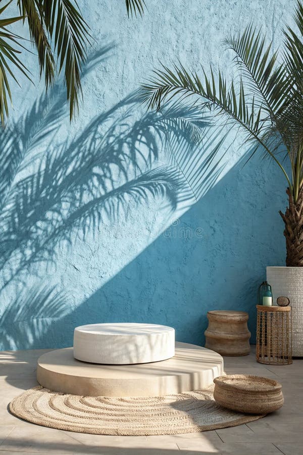 Product Placement Background with Palm Shadow on Blue Wall Stock Photo ...