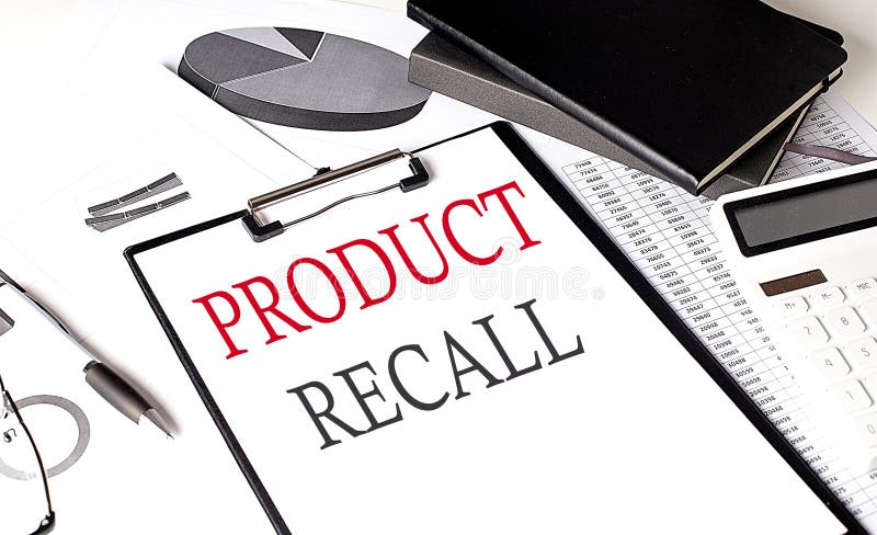 PRODUCT RECALL Text on Paper Clipboard with Chart and Notebook on Withe ...