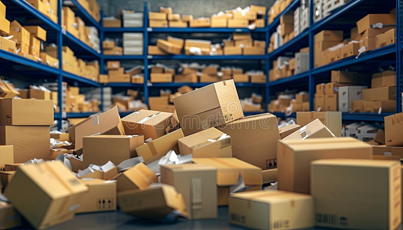 Product Shelf at Warehouse Store. Boxes are Lying in a Pile Stock ...