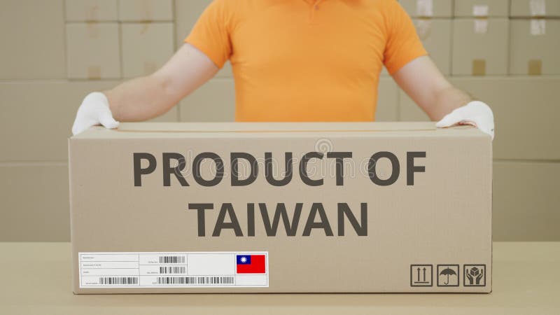 PRODUCT of TAIWAN Printed Text on the Side of a Big Cardboard Box in a ...