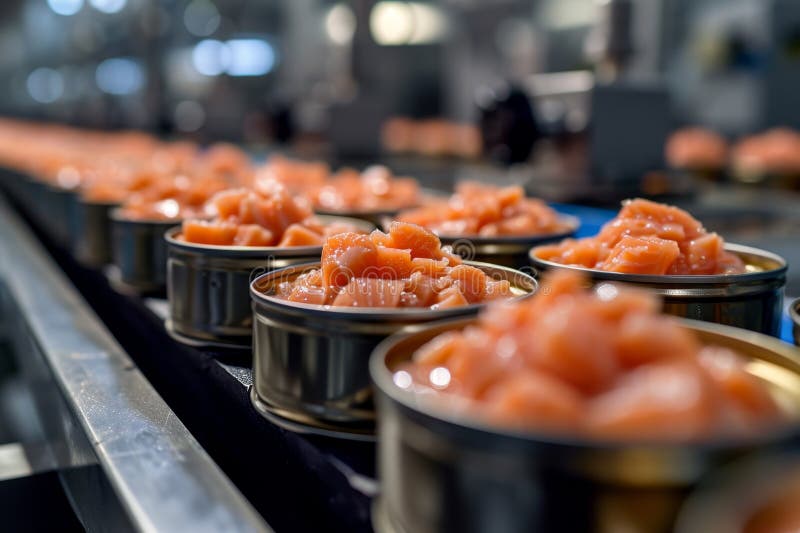 Production of Canned Fish. Tin Cans of Fish on the Conveyor Stock ...