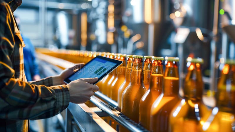 Production Control Staff Use Tablet Checking Beverage Line of ...