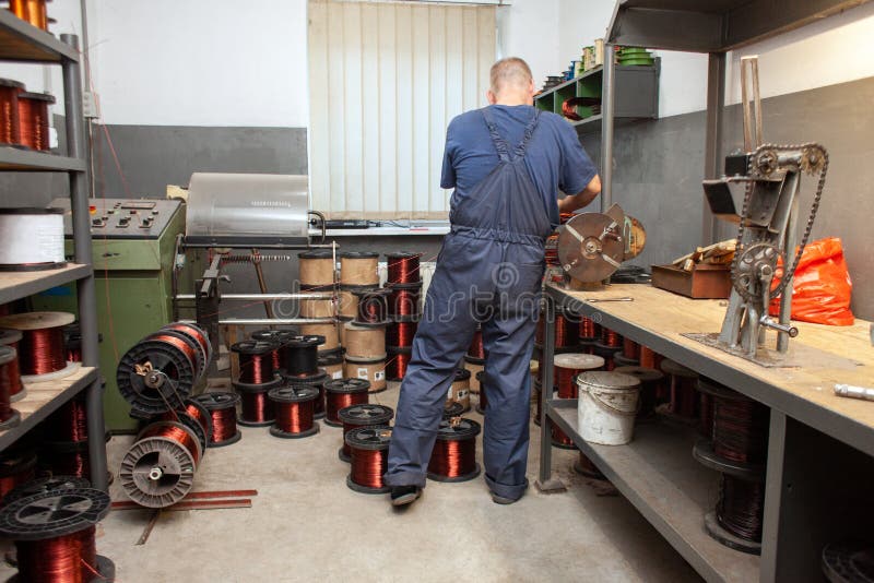 Production of Copper Wire, a Man Works in a Workshop at an Electric ...