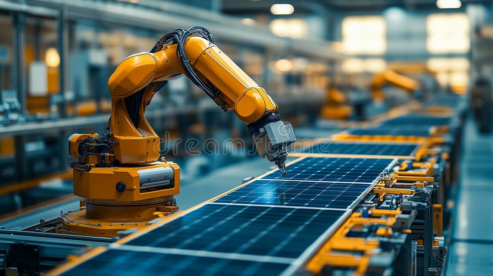 A Production Line for the Assembly of Solar Panels. a Yellow Robotic ...