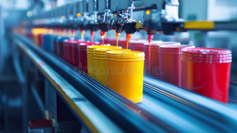 The Production Line in an Automated Factory Features Paint Cans Rolling ...