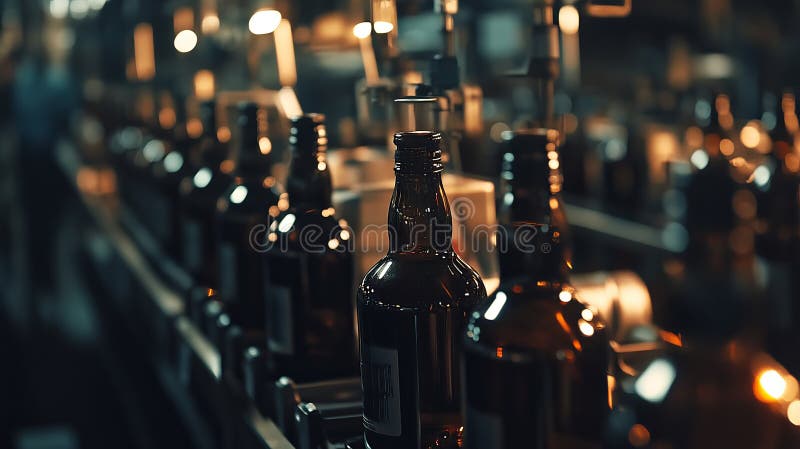 Production Line of Bottles Being Filled and Capped in a Factory Setting ...